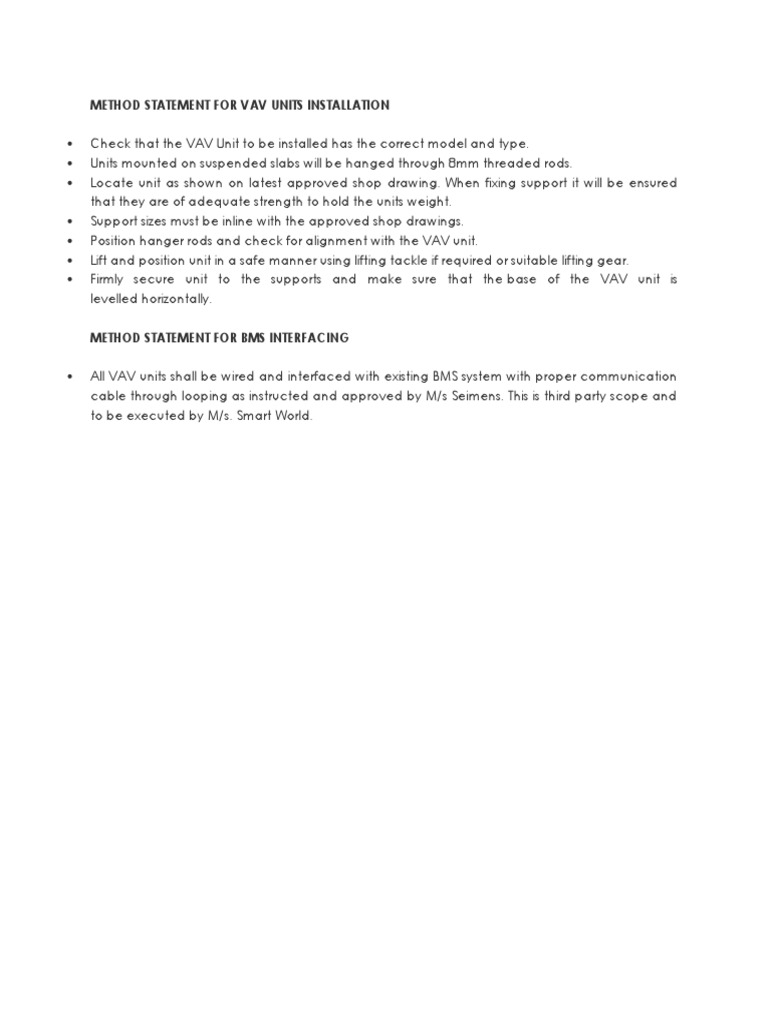 Method Statement For Vav Units Installation | PDF