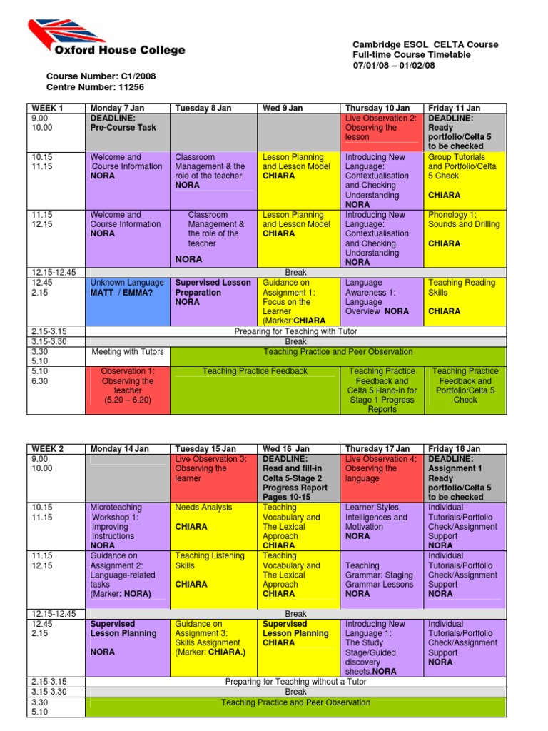 Cambridge ESOL CELTA Course Full-Time Course Timetable Course Number ...