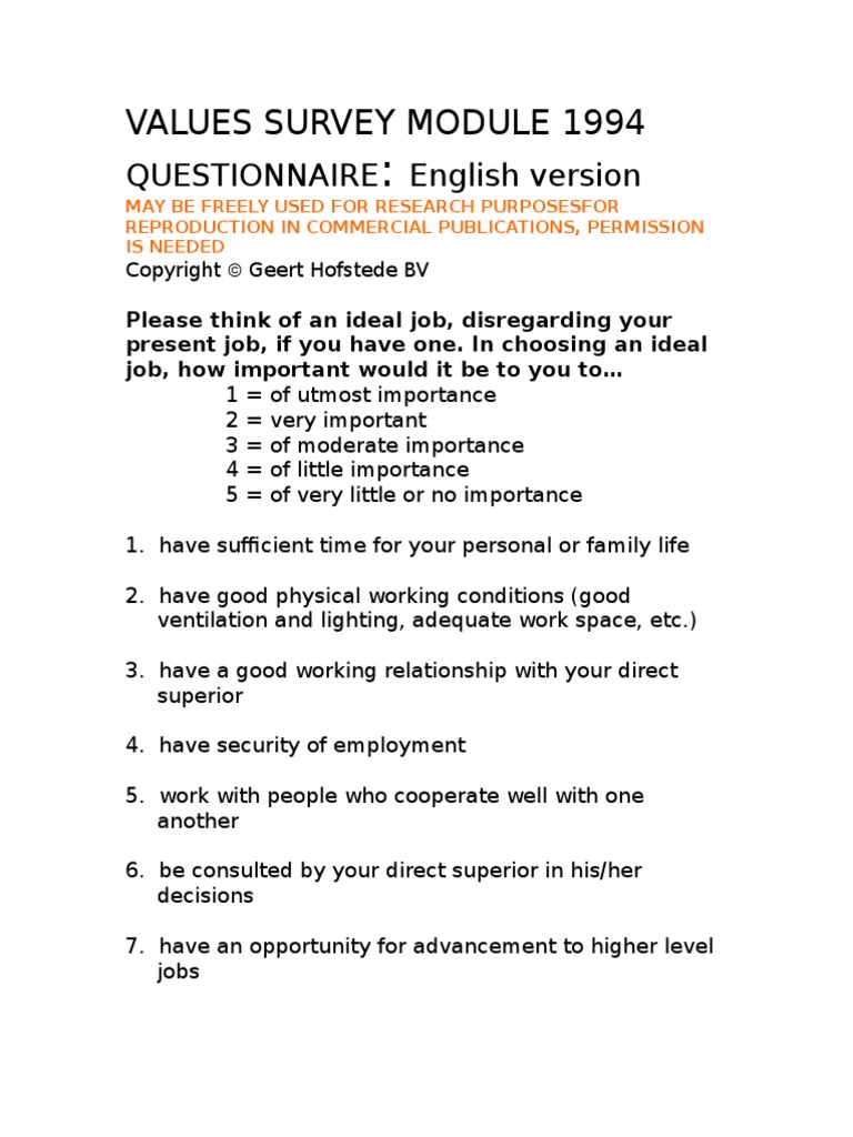 Values Survey Module 1994: Questionnaire English Version | PDF ...