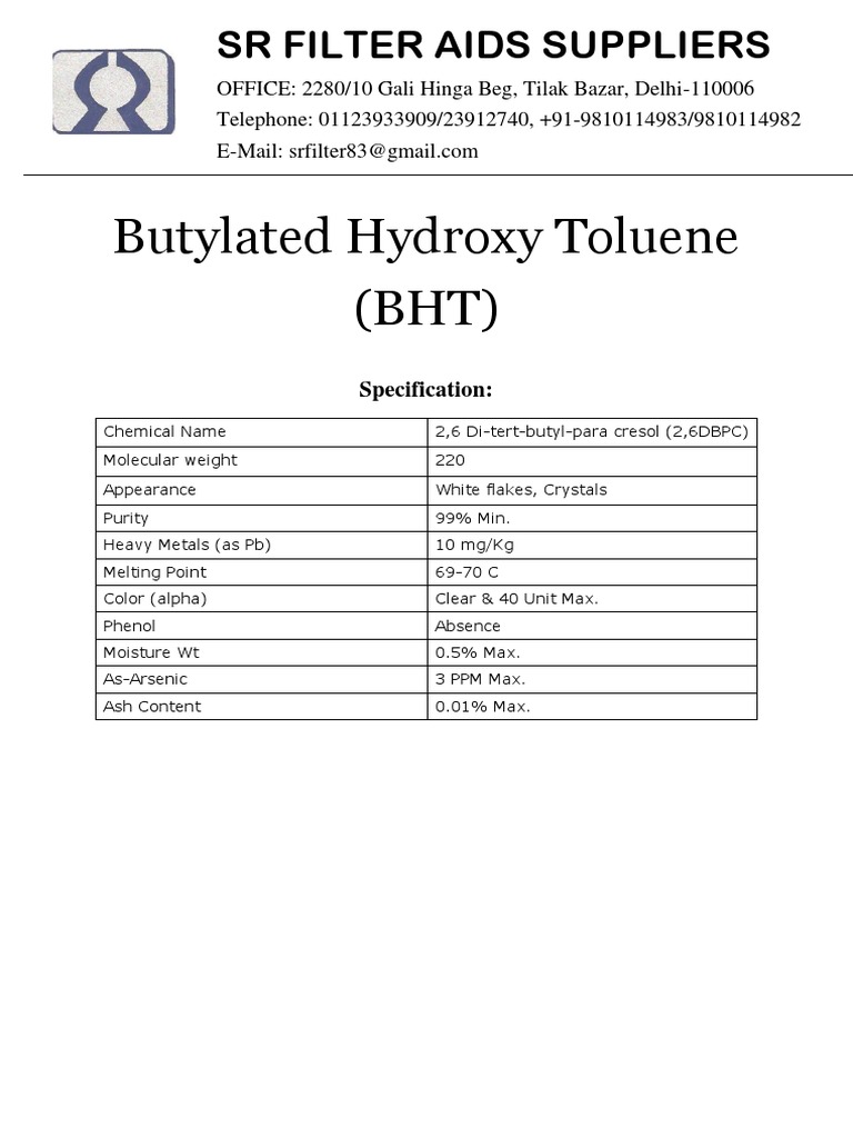 Butylated Hydroxy Toluene (BHT) : SR Filter Aids Suppliers | PDF