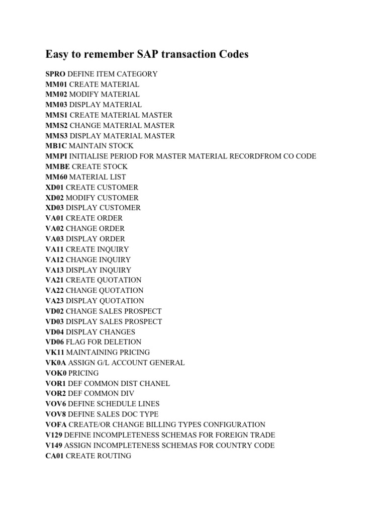 Easy To Remember SAP Transaction Codes | PDF
