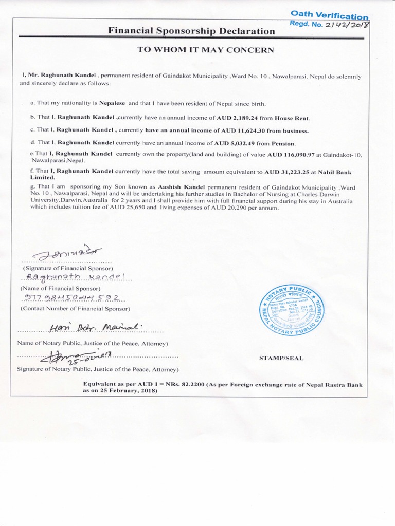 Sponsorship Declaration Akandel Darwin | PDF