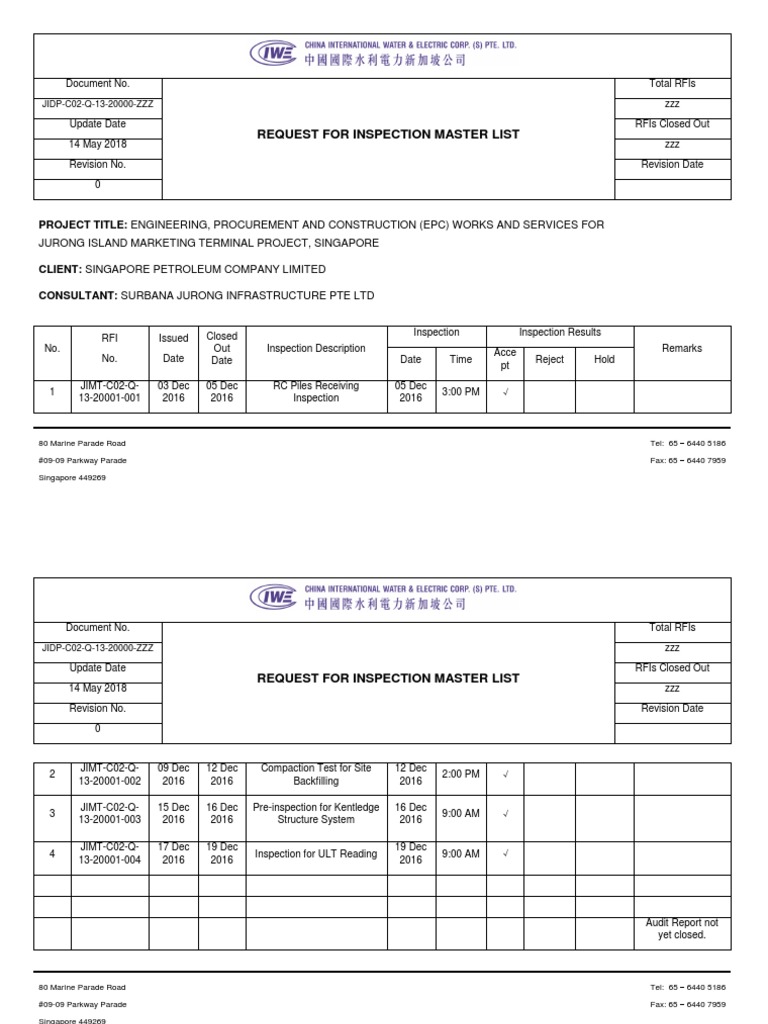 Request For Inspection Master List: Project Title: Engineering ...