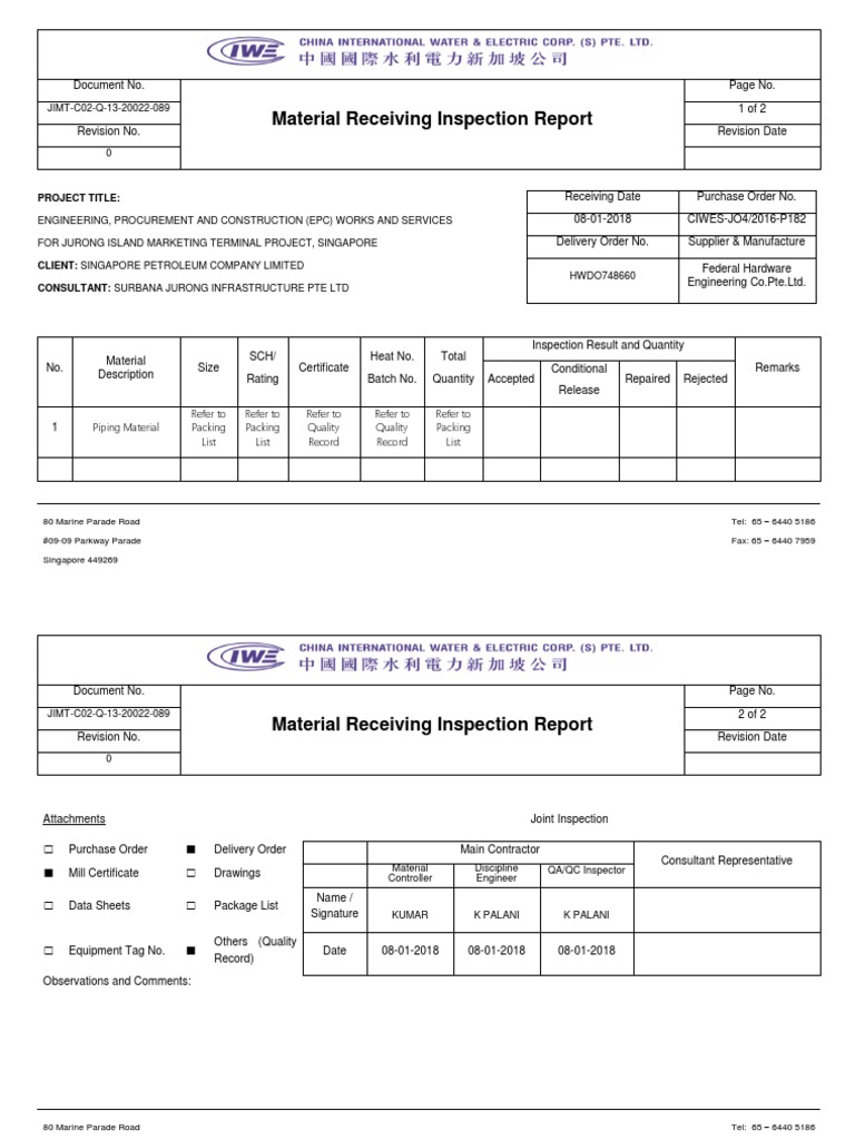 Material Receiving Inspection Report: Project Title | PDF | Engineering ...