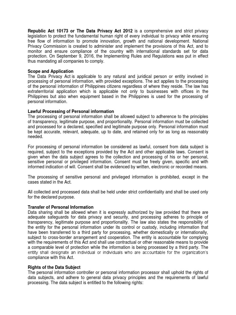 Key Summary of Data Privacy Act | PDF | Information Privacy | Privacy