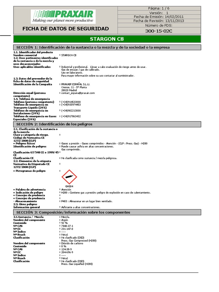 Ficha de Seguridad STARGON C8 | PDF | Gases | Toxicidad
