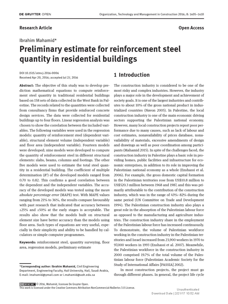Preliminary Estimate For Reinforcement Steel Quantity in Residential ...