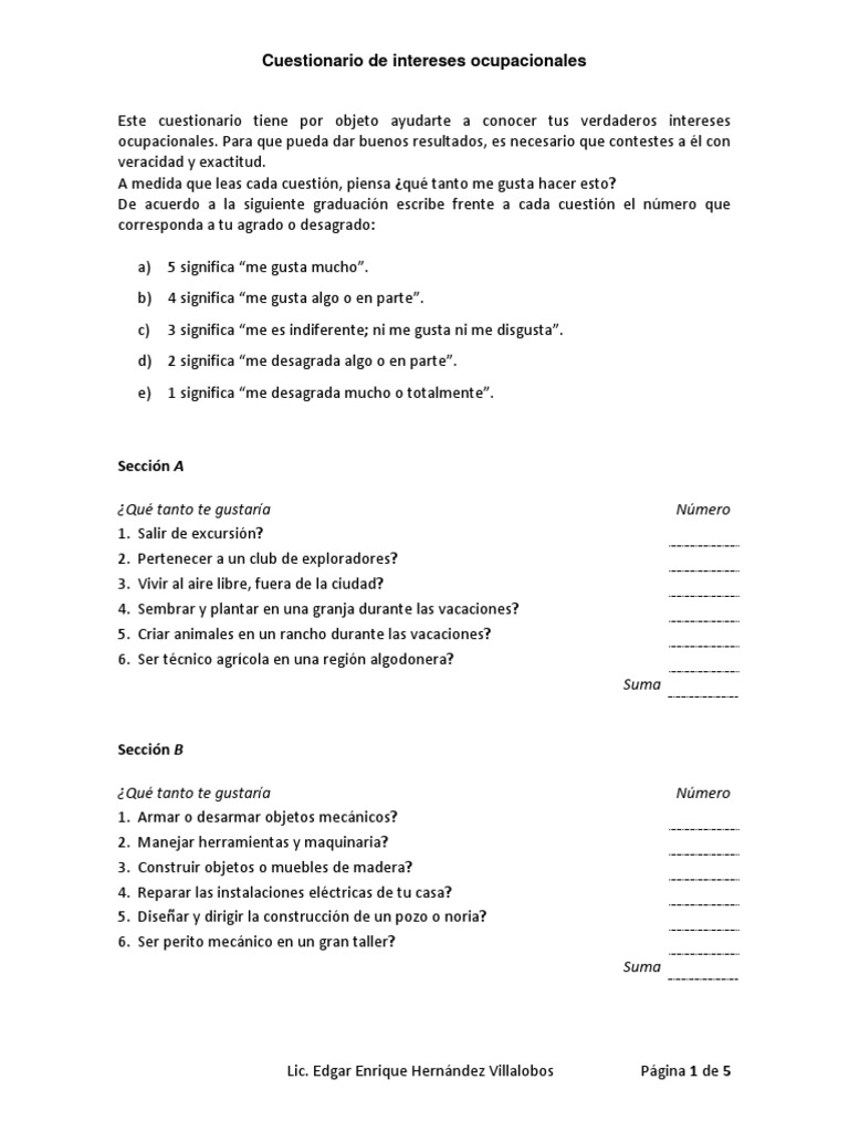 Cuestionario de Intereses Ocupacionales | PDF