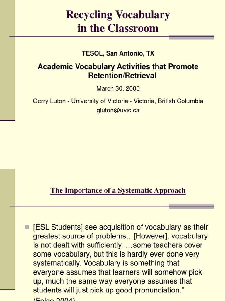 Recycling Vocabulary in The Classroom: Academic Vocabulary Activities ...