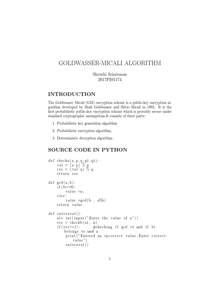Goldwasser-Micali Algorithm: Shruthi Srinivasan 2017PIS5174 | PDF ...