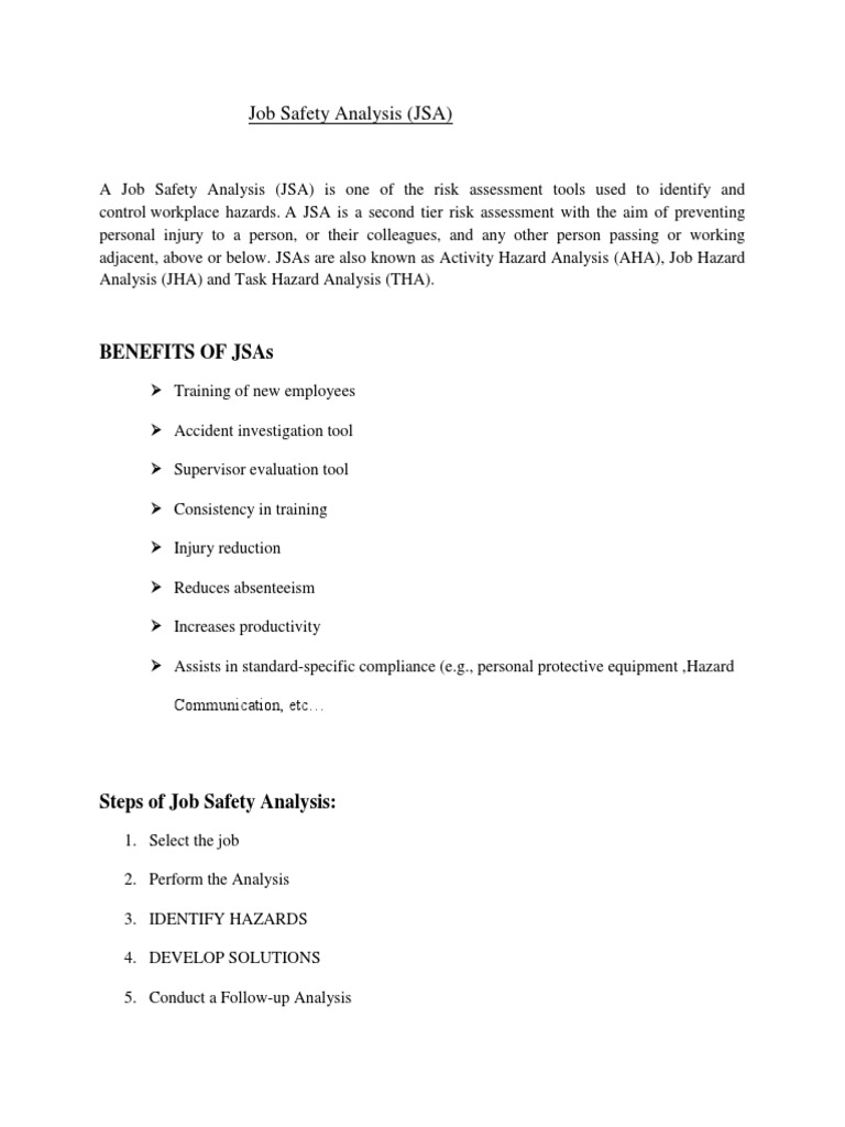 (JSA) Job Safety Analysis | PDF | Determinants Of Health | Occupational ...