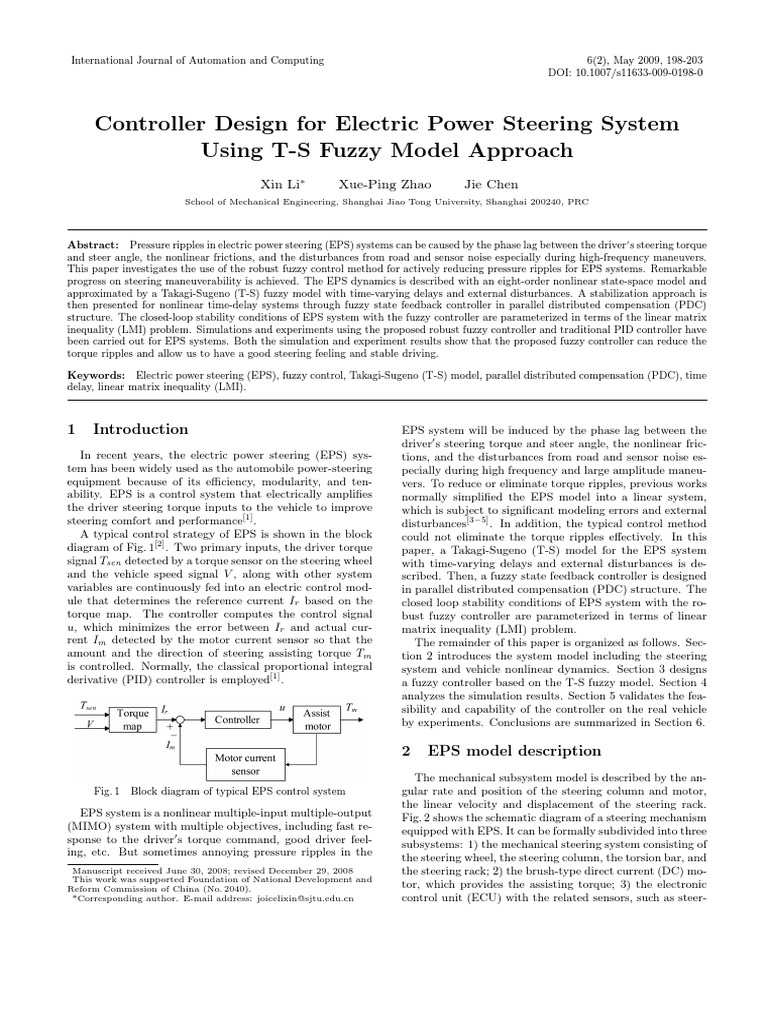 Controller Design For Electric Power Steering System Using T-S Fuzzy Model Approach PDF | PDF ...