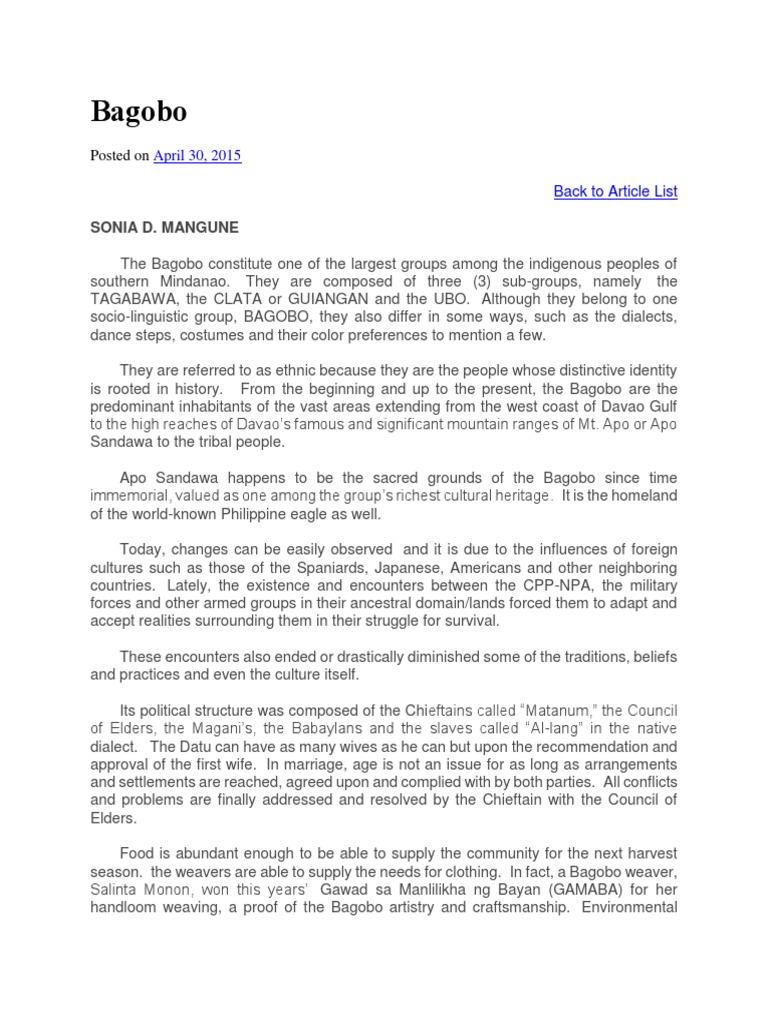 Bagobo | PDF | Ethnicity | Ethnic Groups