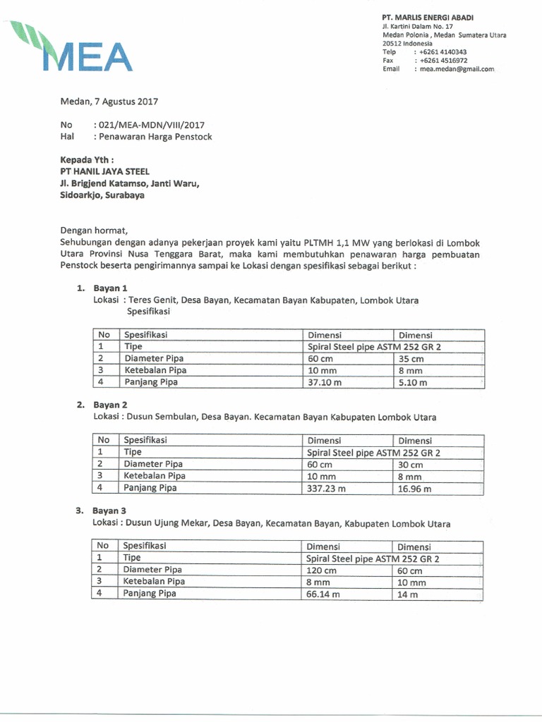 Permintaan Penawaran Harga Penstock PT Hanil Jaya Steel PDF | PDF