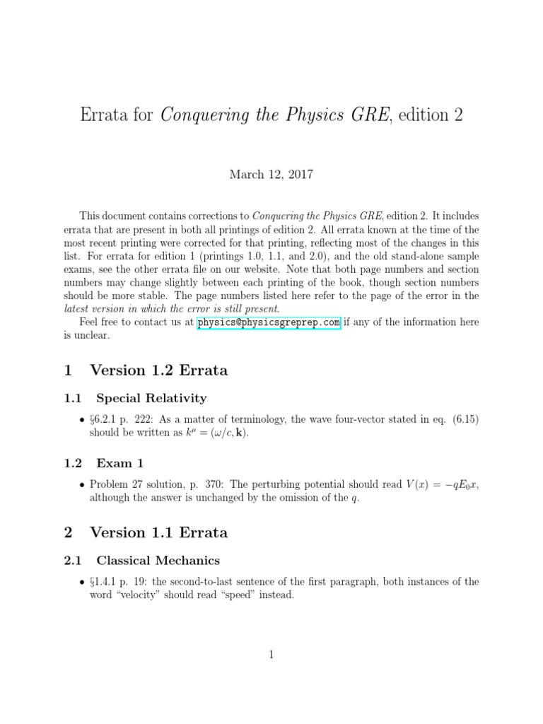 Errata For Conquering The Physics GRE, Edition 2 | PDF | Entropy | Series And Parallel Circuits
