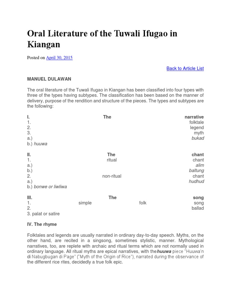 Oral Literature of The Tuwali Ifugao in Kiangan | PDF | Songs | Mythology