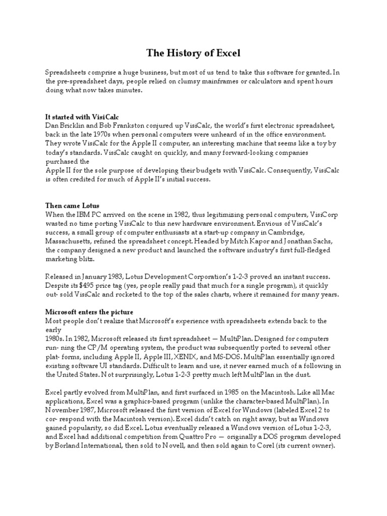 The History of Excel: It Started With Visicalc | PDF | Microsoft Excel ...