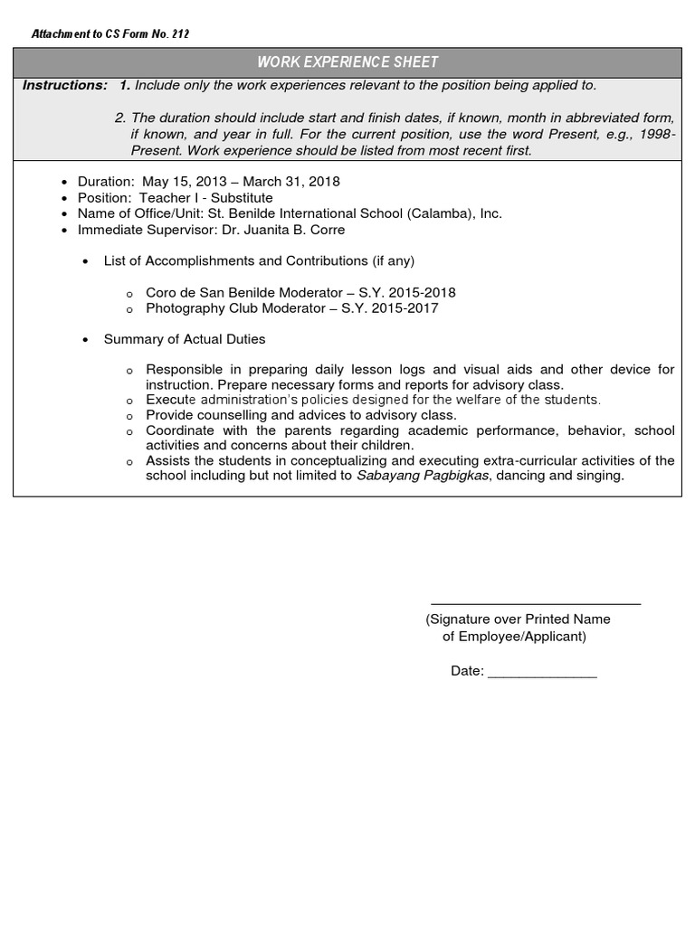 Work experience sheet attachment | PDF