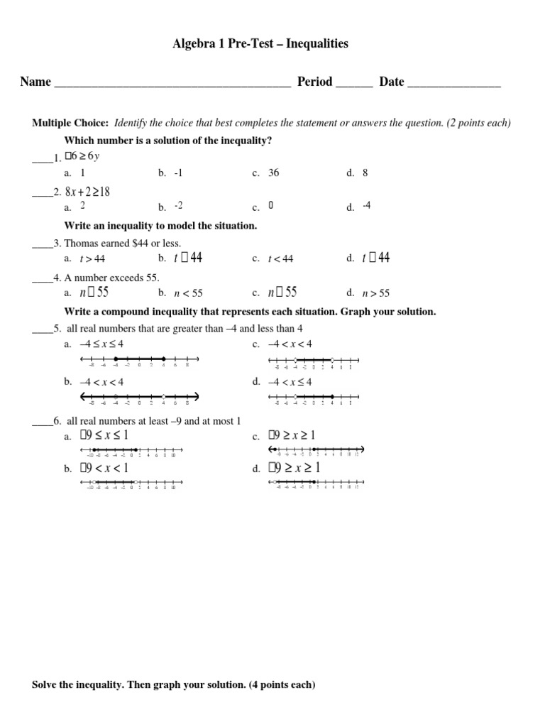Algebra 1 Pre-Test - Inequalities A | PDF | Inequality (Mathematics ...