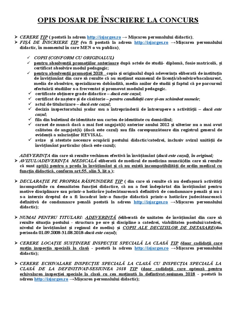 Opis Dosar de Inscriere La Concurs 2018 | PDF