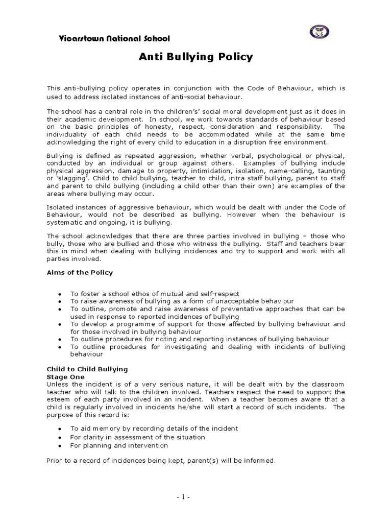 Anti Bullying Policy 2016 | PDF | Bullying | Psychology