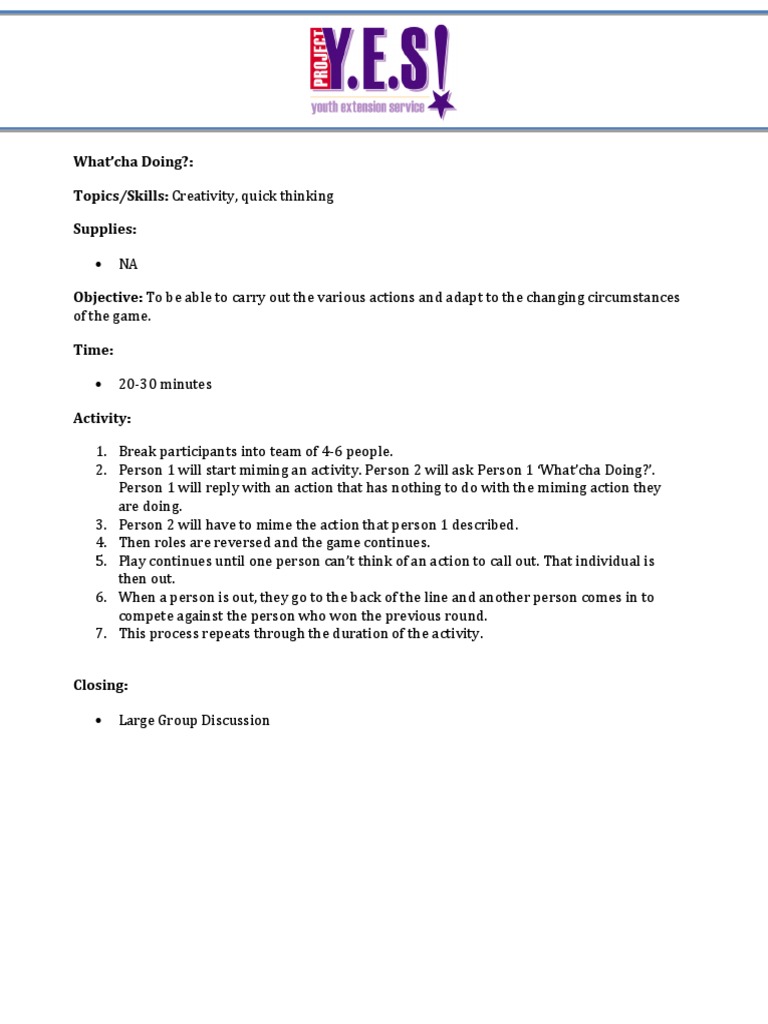 What'cha Doing?: Topics/Skills: Creativity, Quick Thinking Supplies ...