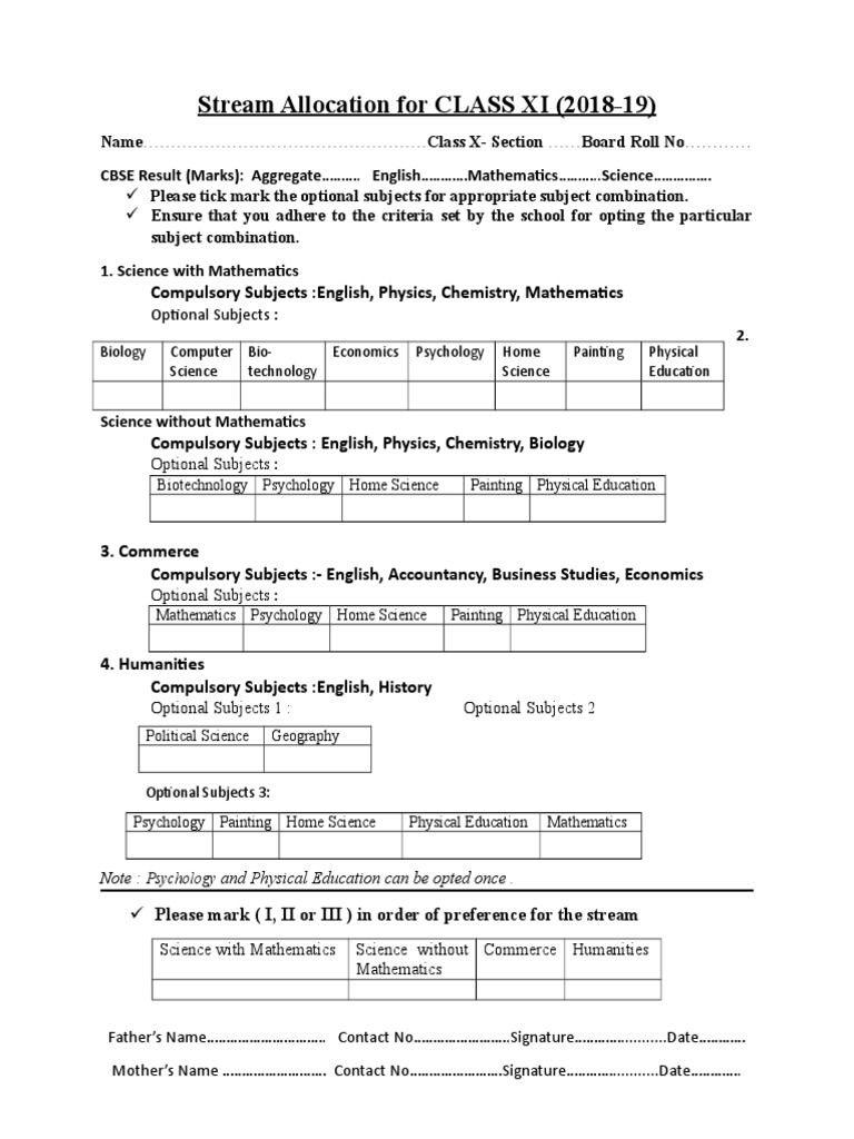 Class XI Stream Selection Form | PDF