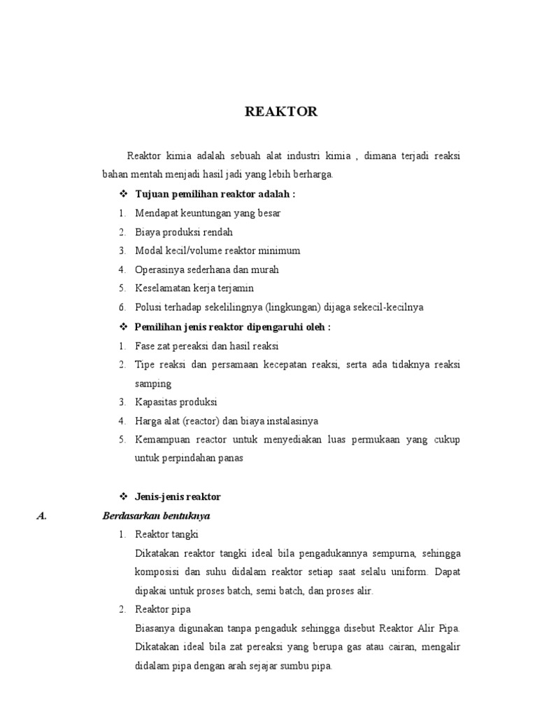 Jenis dan Pemilihan Reaktor Kimia | PDF