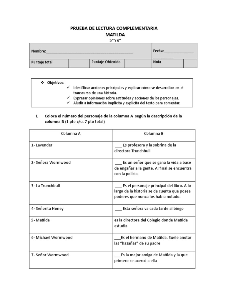 Prueba Libro Matilda | PDF