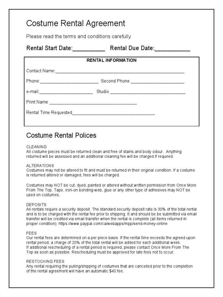 Costume Rental Agreement | PDF | Fee | Credit Card