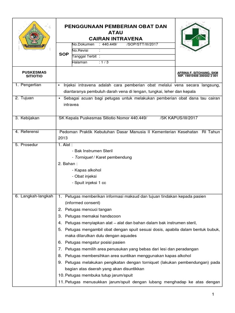 Sop Pemberian Obat Intravena | PDF