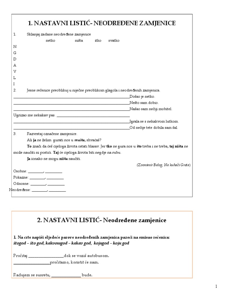 7.r. - Zamjenice-Zadatci Za Vjezbu | PDF