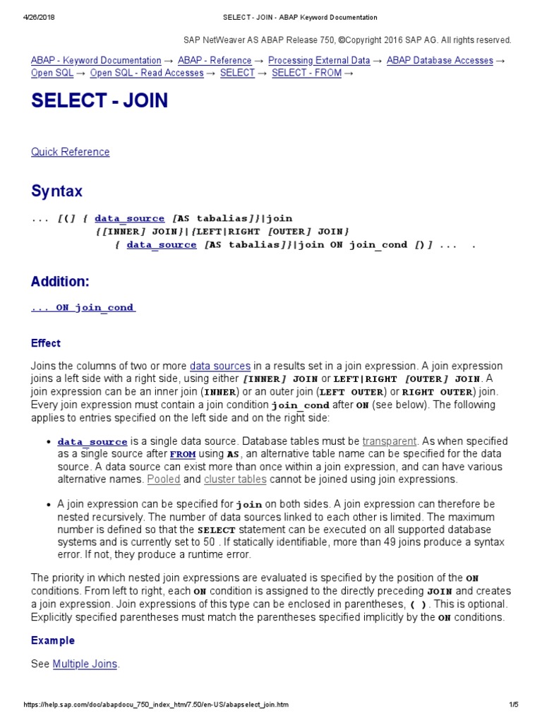 SELECT - JOIN - ABAP Keyword Documentation | PDF | Data Management | Databases