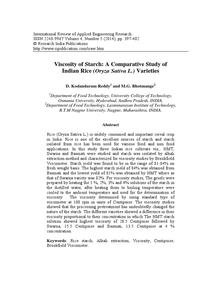 Viscosity of Starch: A Comparative Study of Indian Rice (Oryza Sativa L ...