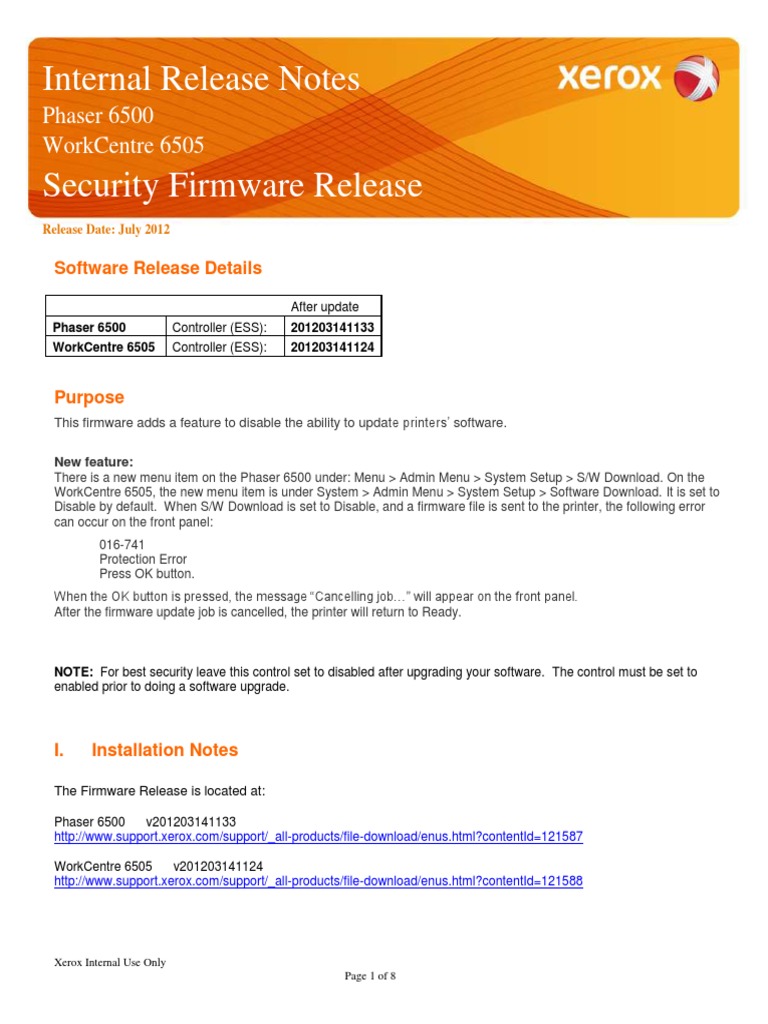 Phaser 6500 and WorkCentre 6505 Security Firmware Internal Release ...