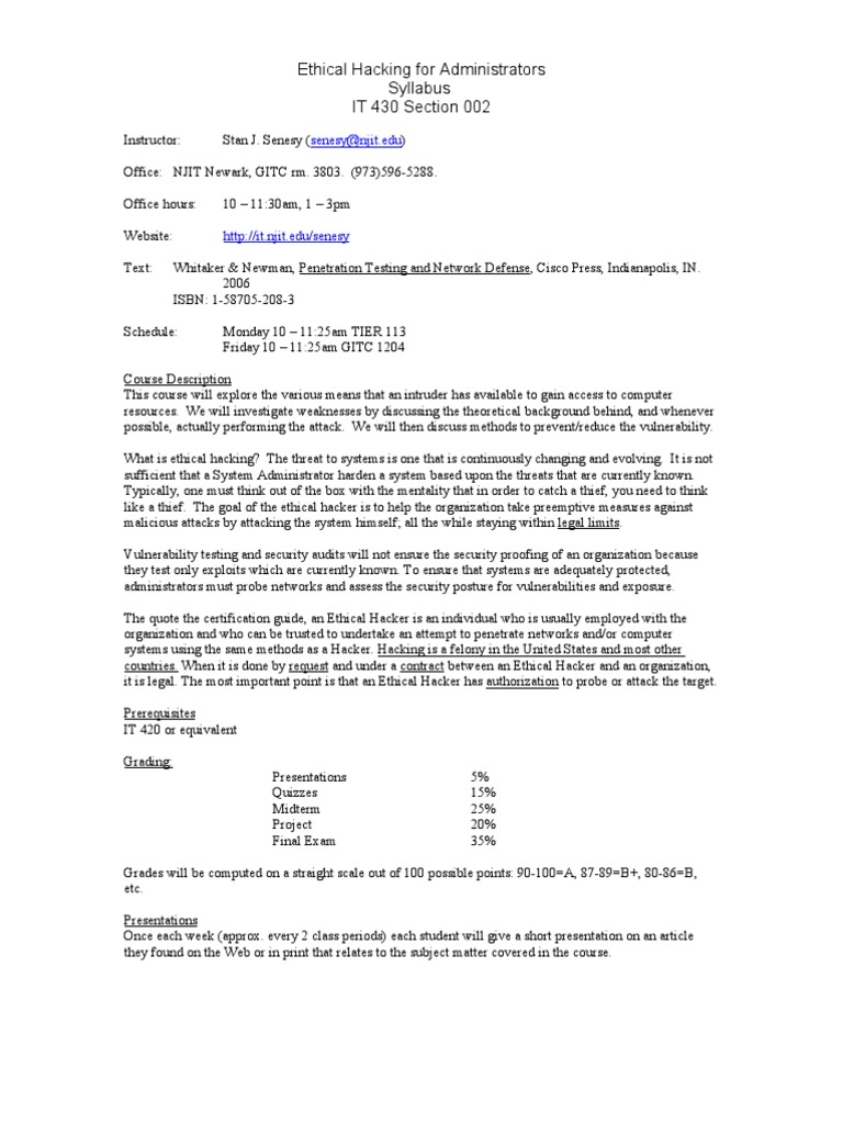Syllabus IT 430-002 Ethical Hacking | PDF | Security Hacker | White Hat ...