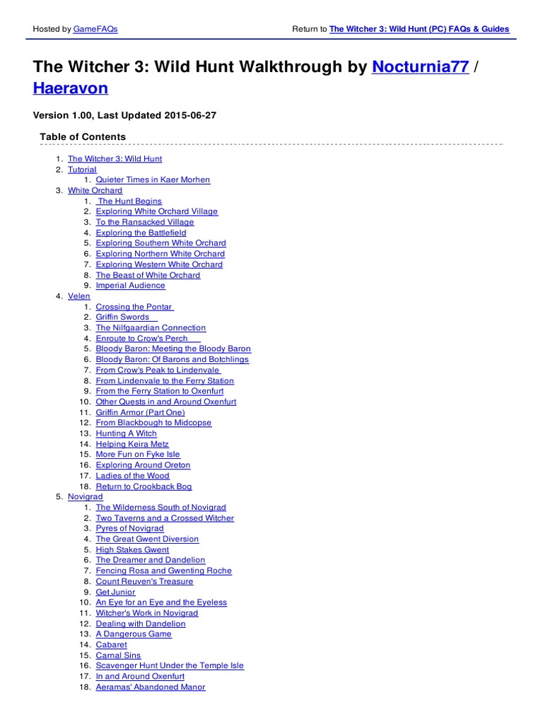 The Witcher 3 Wild Hunt Walkthrough | PDF | Nature