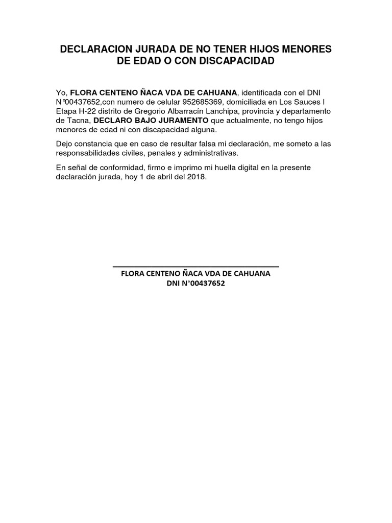 Declaracion Jurada de No Tener Hijos Menores de Edad o Con Discapacidad | PDF | Estilo de vida