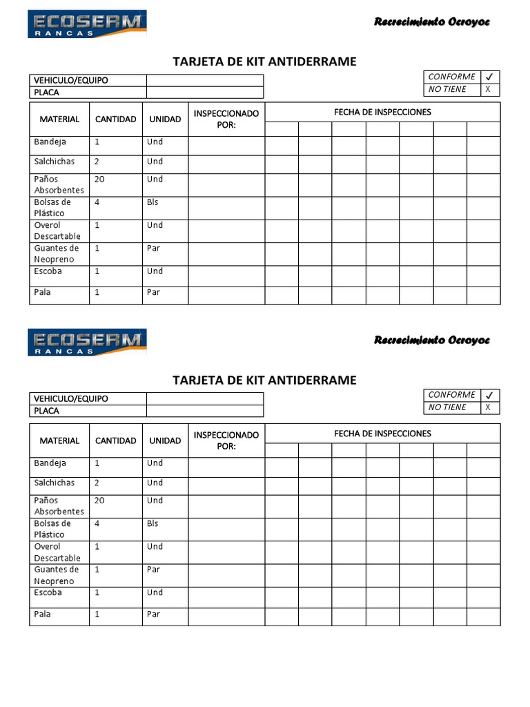 Tarjeta Kit Antiderrame | PDF