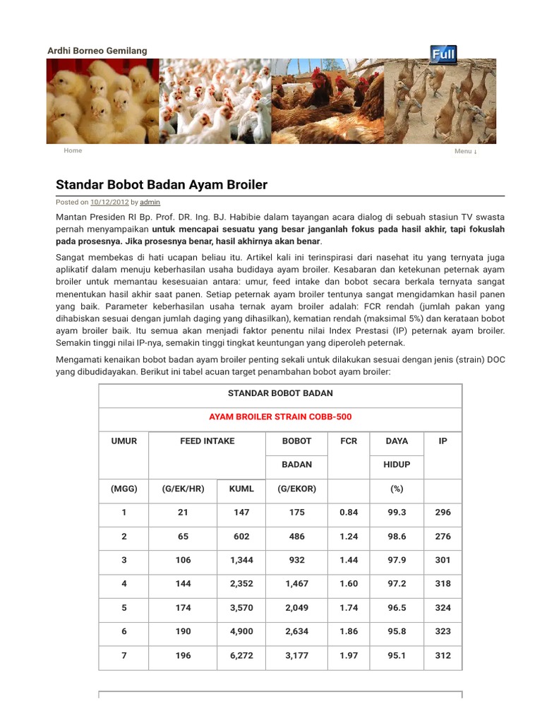 Standar Bobot Ayam Broiler Harian | PDF