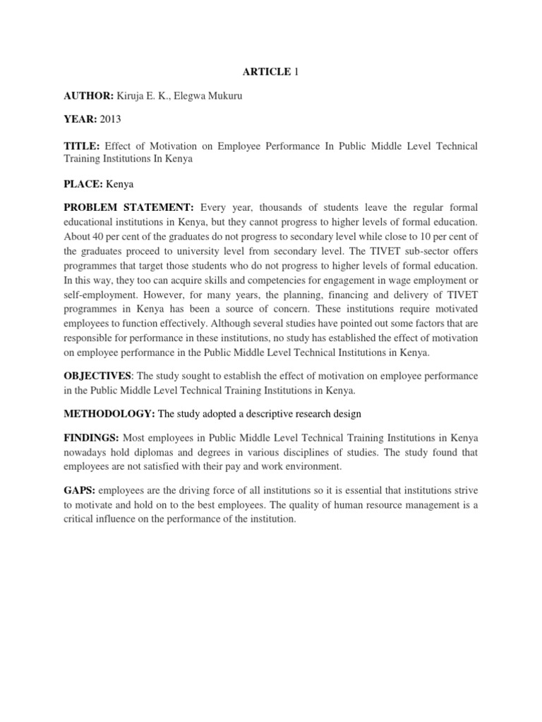 Effect of Motivation On Employee Performance in Public Middle Level ...