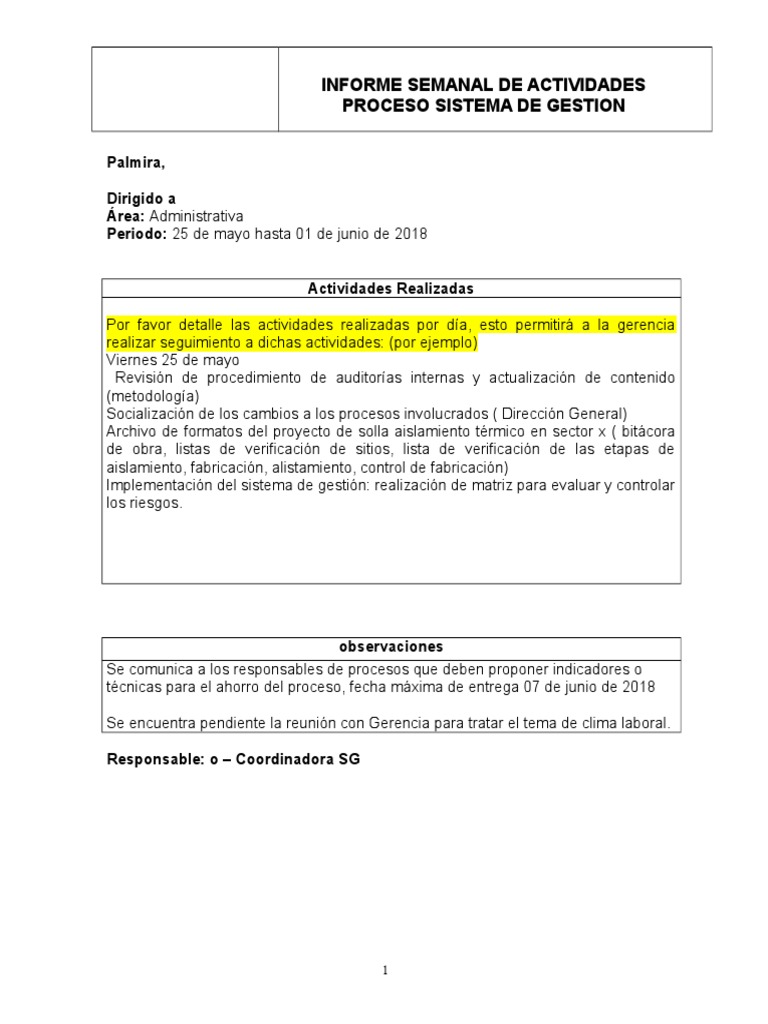 Plantilla Informe Semanal Pdf