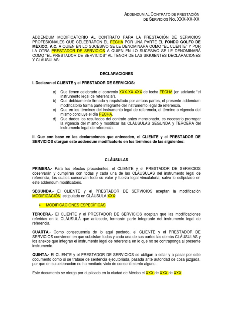 12.26 Addendum a Contratos Para Sub Proyectos | Apéndice | Gobierno