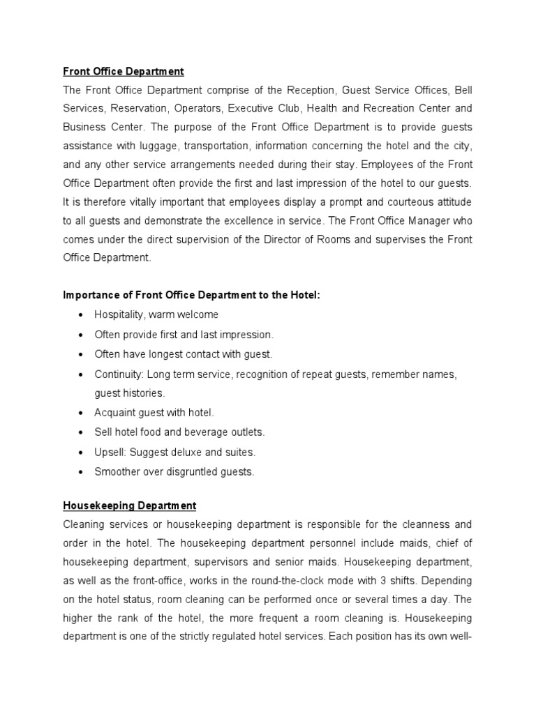 Front Office Department | PDF | Hotel | Housekeeping