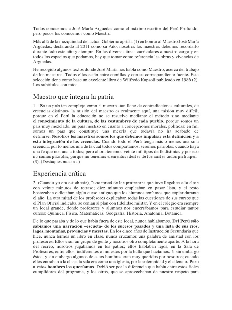 Todos Conocemos A José María Arguedas Como El Máximo Escritor Del Perú Profundo | PDF | Molino ...