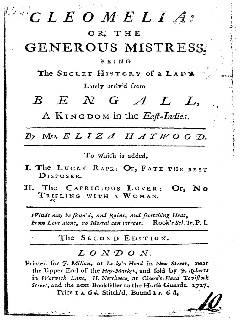 1729 - Eliza Haywood - Cleomelia, or The Generous Mistress. Being The ...