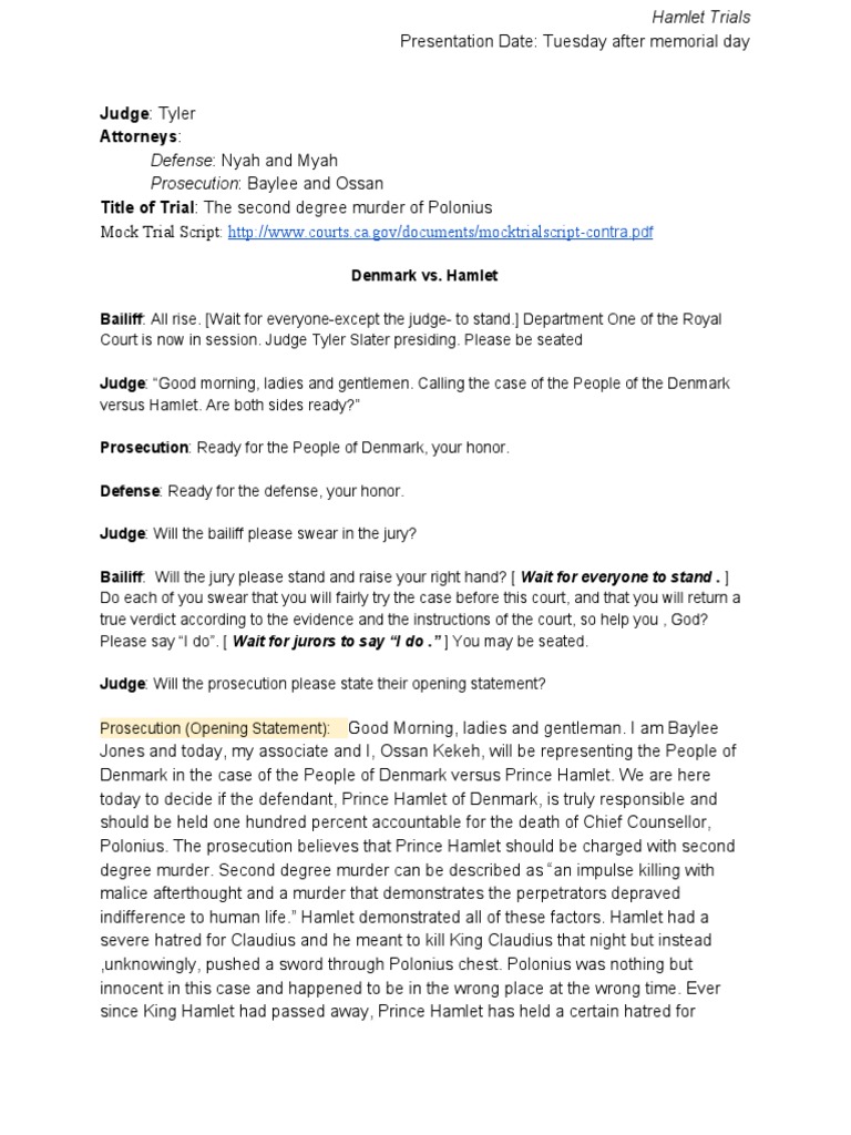 hamlet trials script | Hamlet | Prosecution