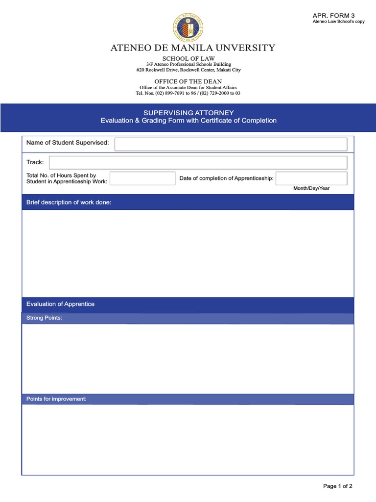 Ateneo Law School Student Apprenticeship Evaluation and Completion Form ...