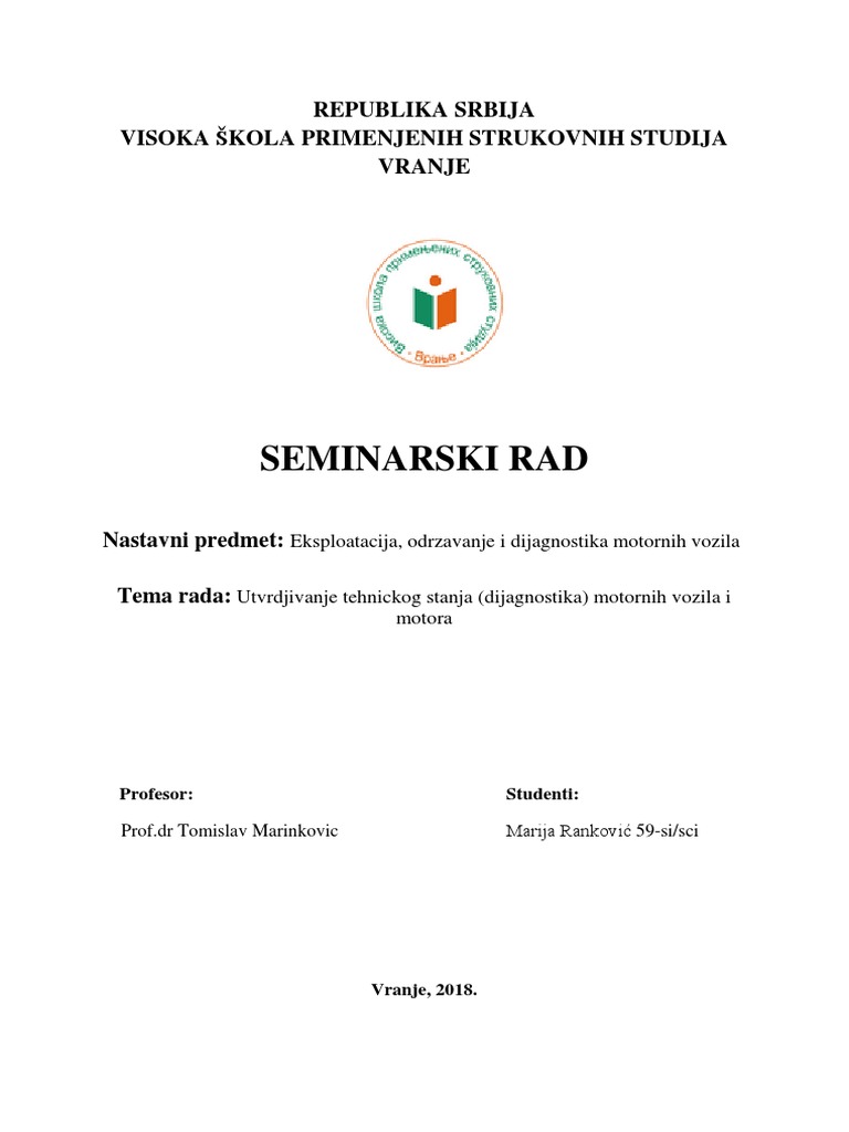 Utvrdjivanje Tehnickog Stanja (Dijagnostika) Motornih Vozila I Motora | PDF