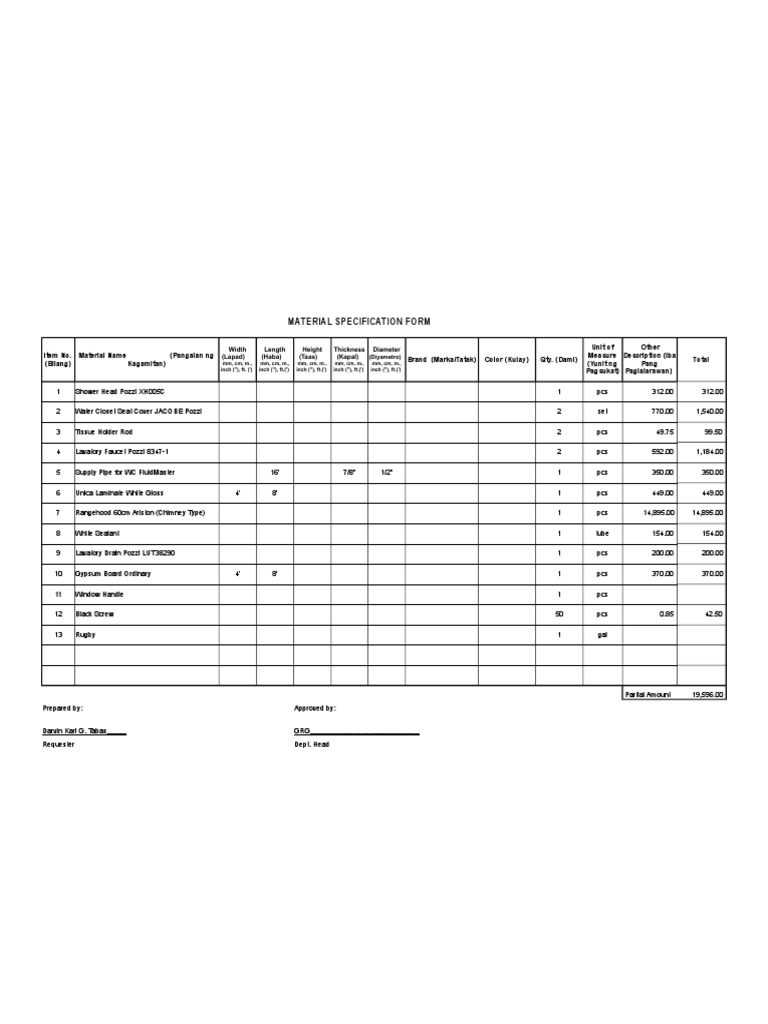 Material Specification Form PAHPR-00002 | PDF | Building Engineering ...